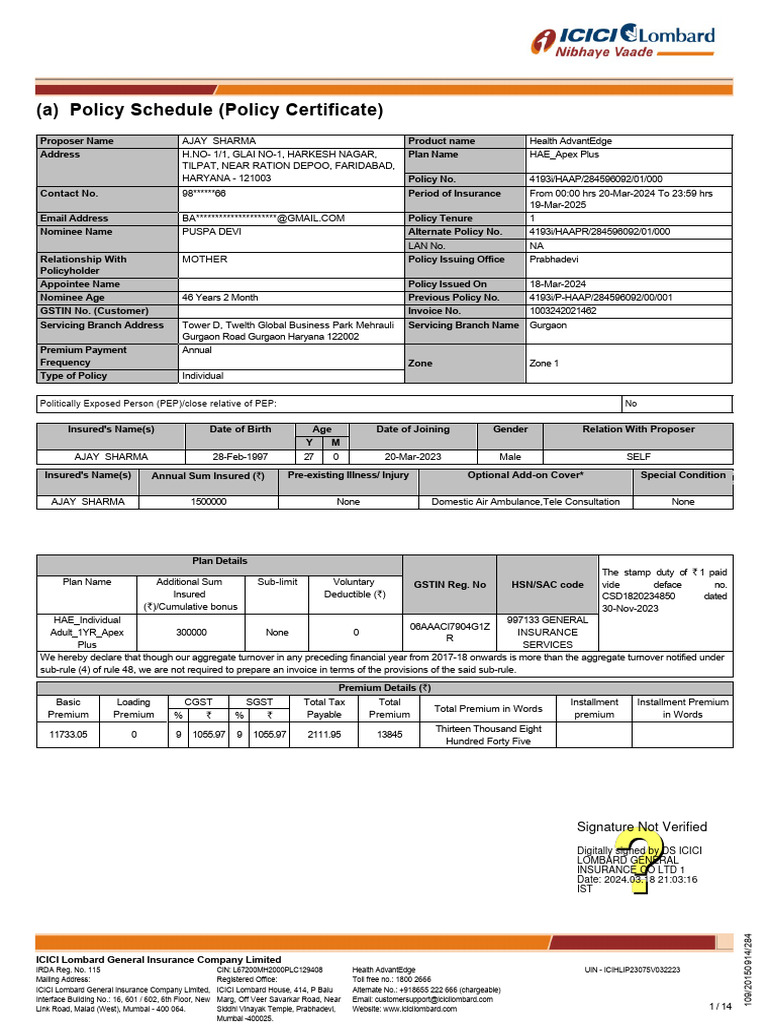 Policy Copy Fy 2024-25 - Mr. Ajay Sharma | PDF | Insurance | Patient