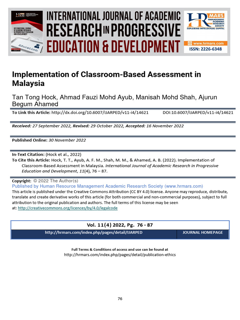 Implementation of Classroom Based Assessment in Malaysia | Download Free PDF | Educational ...