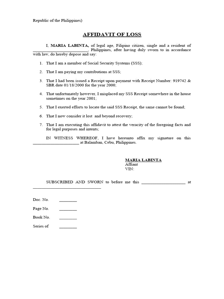 affidavit of loss -SSS RECEIPT-SAMPLE | PDF | Affidavit