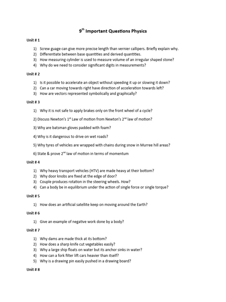 Key Physics Questions for 9th Grade | PDF