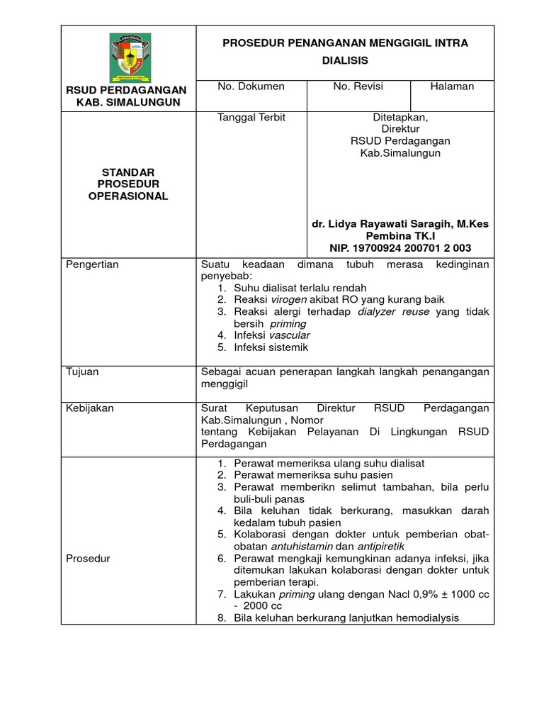 Prosedur Penanganan Menggigil Intra Dialisis | PDF