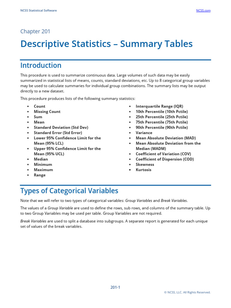 Descriptive Statistics-Summary Tables | PDF | Statistical Analysis ...