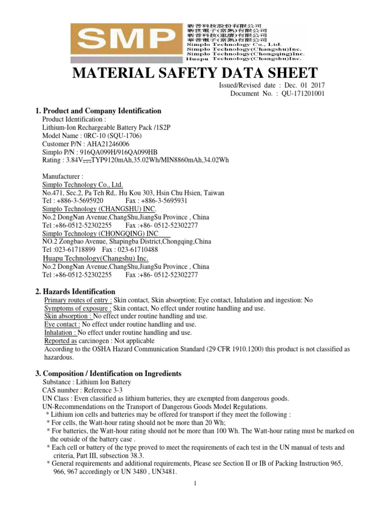 MSDS 0RC-10 916qa099h | PDF | Dangerous Goods | Occupational Safety And Health