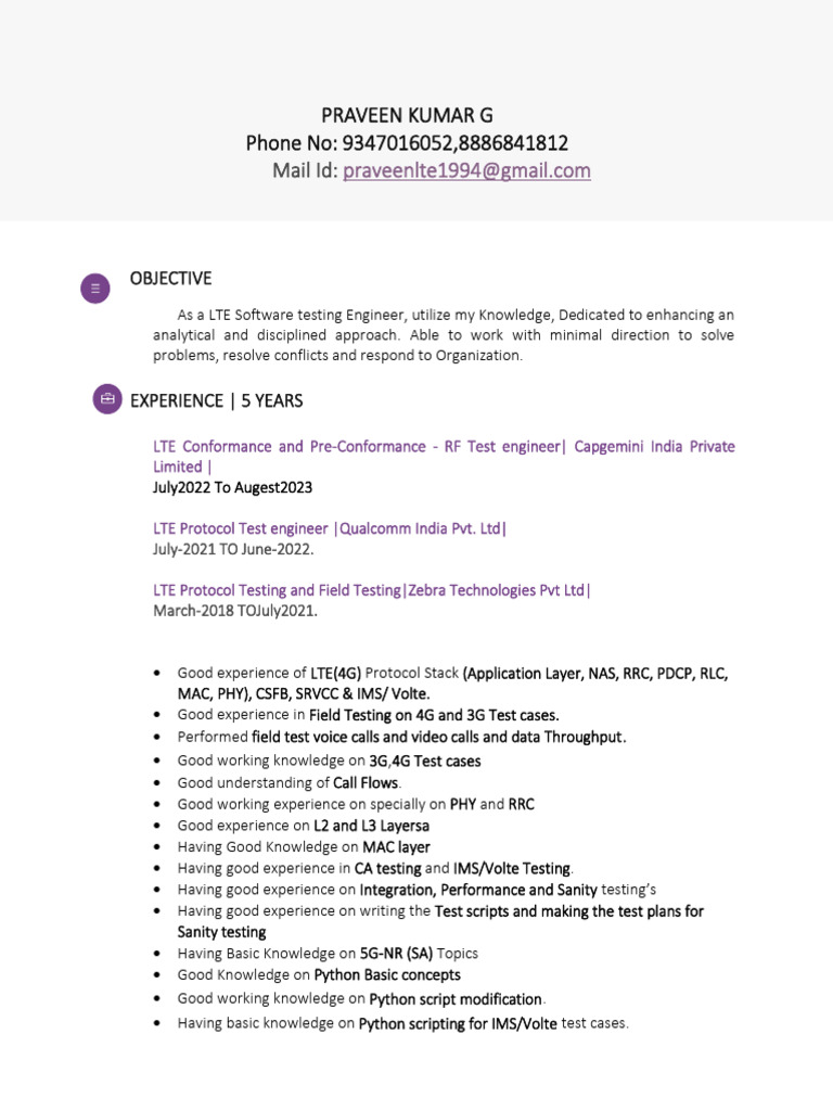 Praveen - LTE4G and 5G - Testing - Resume | PDF | Lte ...