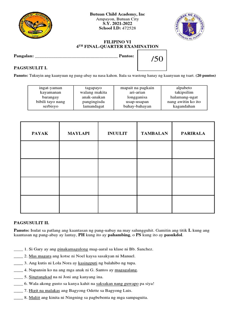 4th Final Quarter Exam Grade 6 | PDF