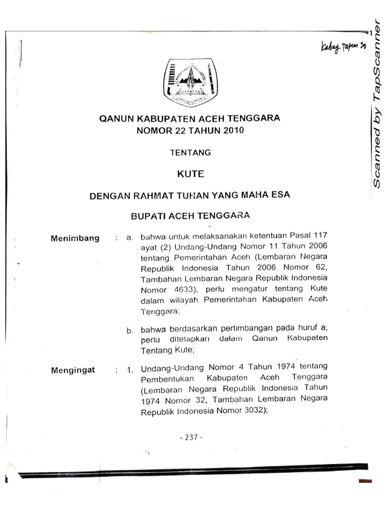 Qanun Aceh Tenggara No.22 Tahun 2010 Tentang Kute | PDF