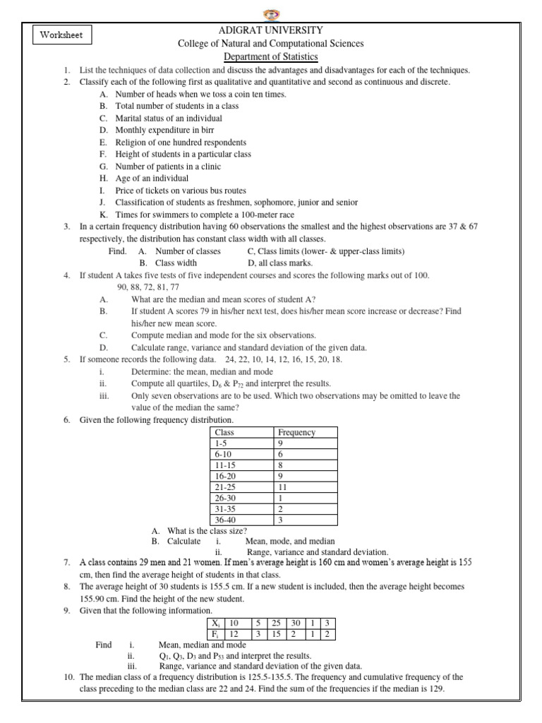 Worksheet 1 | PDF | Median | Mode (Statistics)