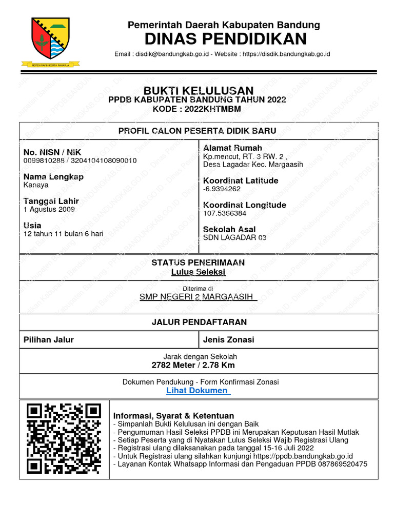 Bukti Kelulusan PPDB Tahun 2022 An. Kanaya (0099810288) | PDF