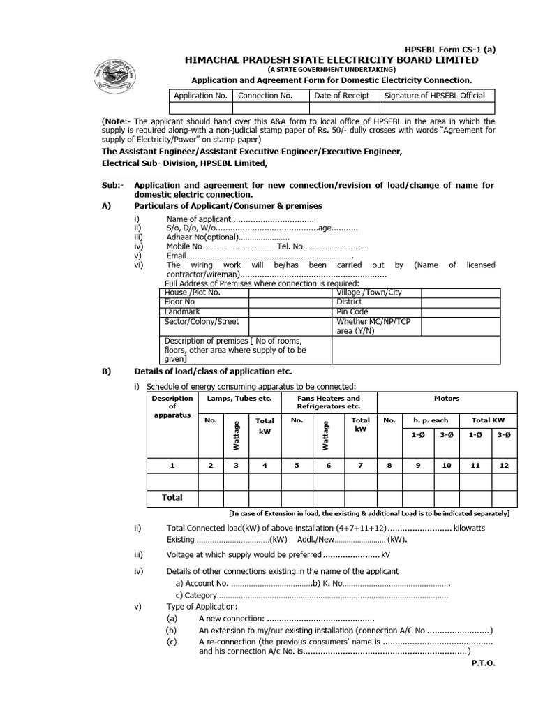 HPSEBL Domestic Connection Application | PDF | Electric Power ...