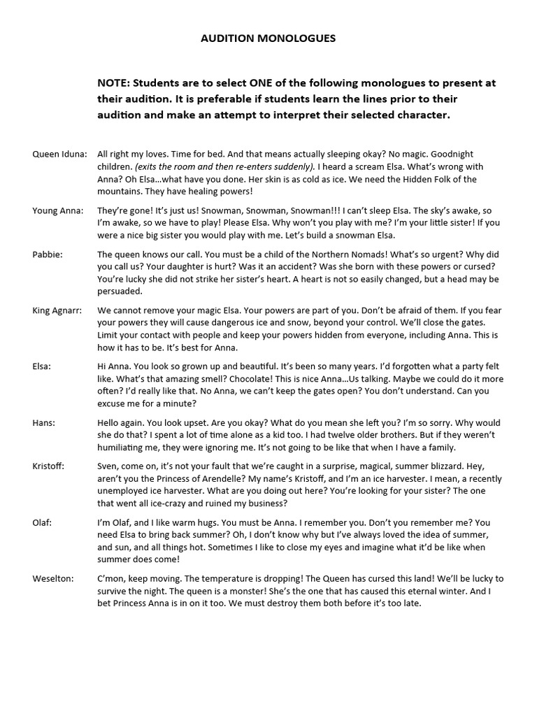 Audition Monologues Frozen JR | PDF