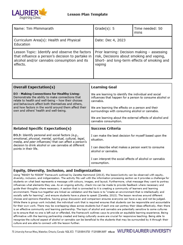 Health and Physical Education GR 5 Lesson Plan | PDF