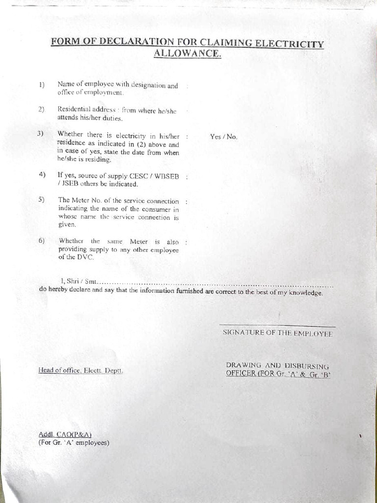 Electricity Allownce Claim Form | PDF