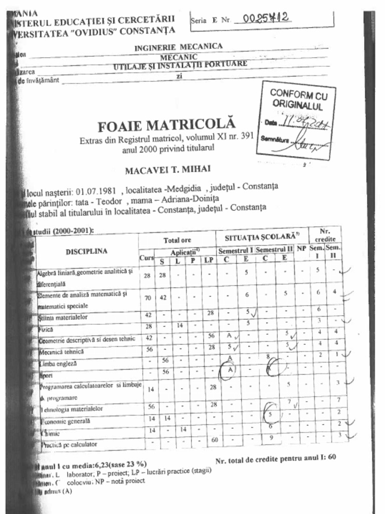 2.2-Foaie Matricola Diploma | PDF