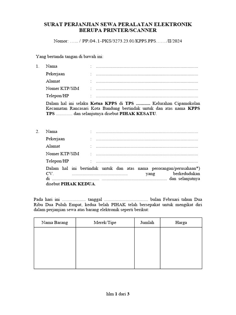Contoh Perjanjian Sewa Printer-Scanner Pemilu | PDF