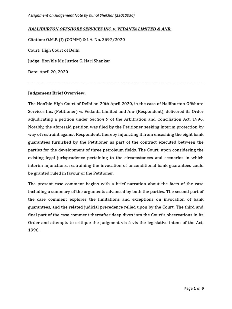 Judgement Note - HALLIBURTON OFFSHORE SERVICES INC Vs VEDANTA LIMITED ...