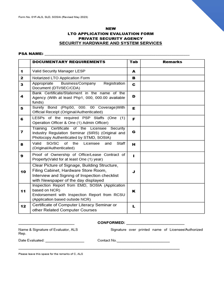 LTO Application Evaluation Form Private Security Agency Security Hardware and System Services ...