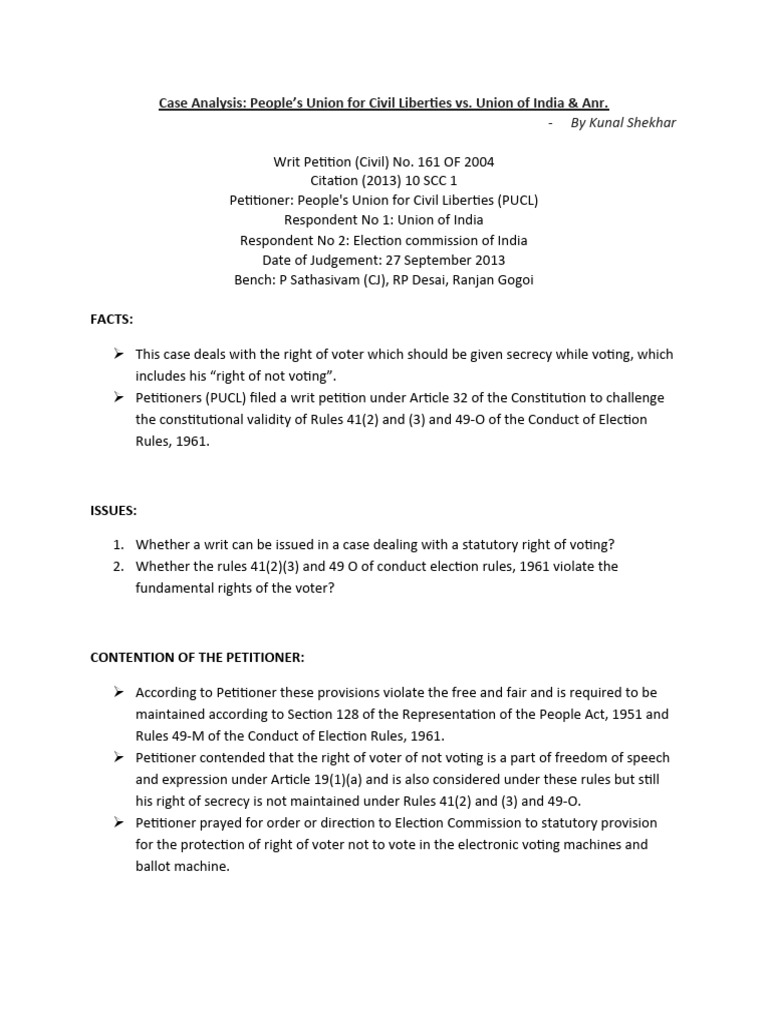 Case Analysis - PUCL Vs Union of India | Download Free PDF | Elections ...