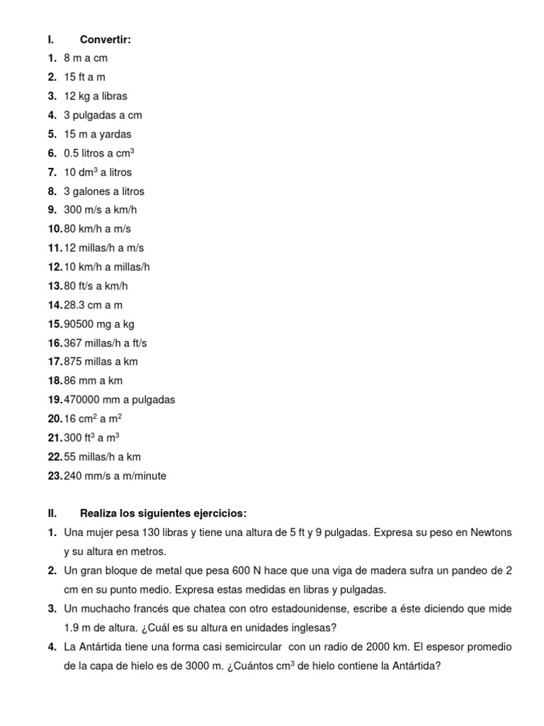 1.ejercicios, Conversión de Unidades | PDF | Hogar y jardín