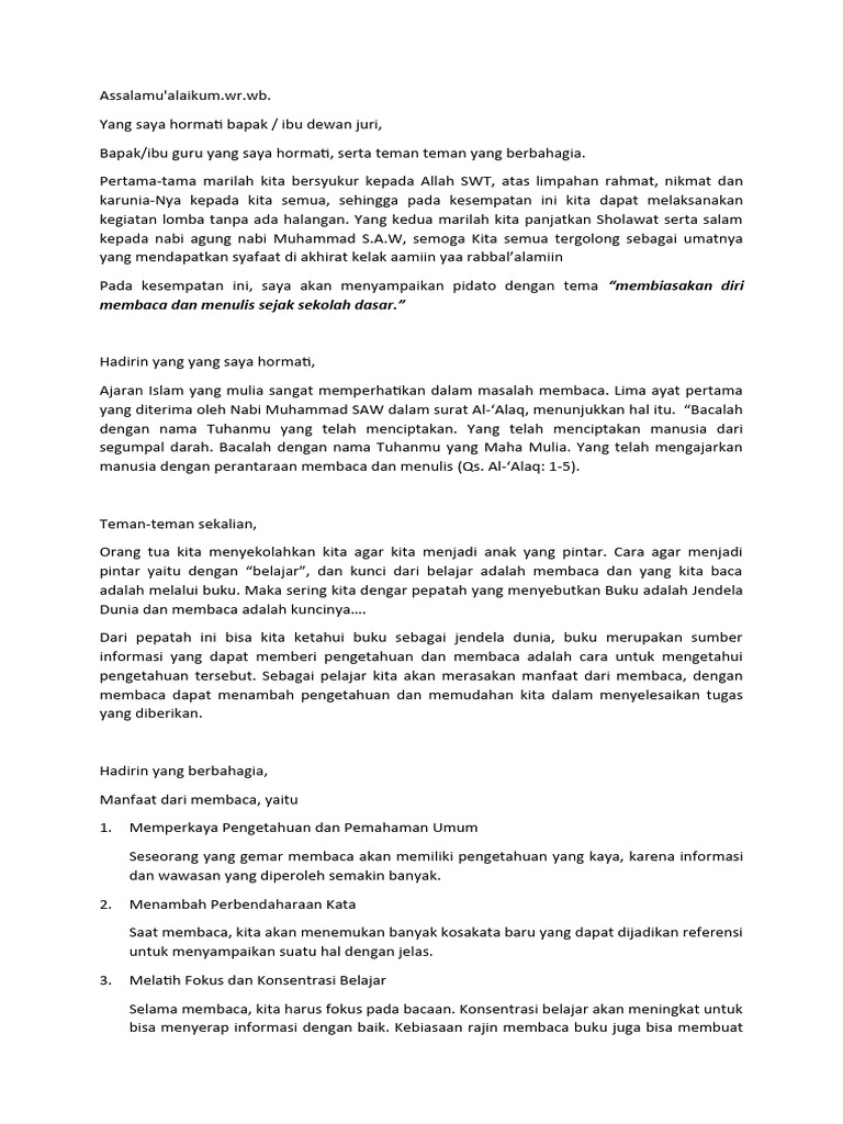 Teks Pidato membiasakan diri membaca dan menulis | PDF