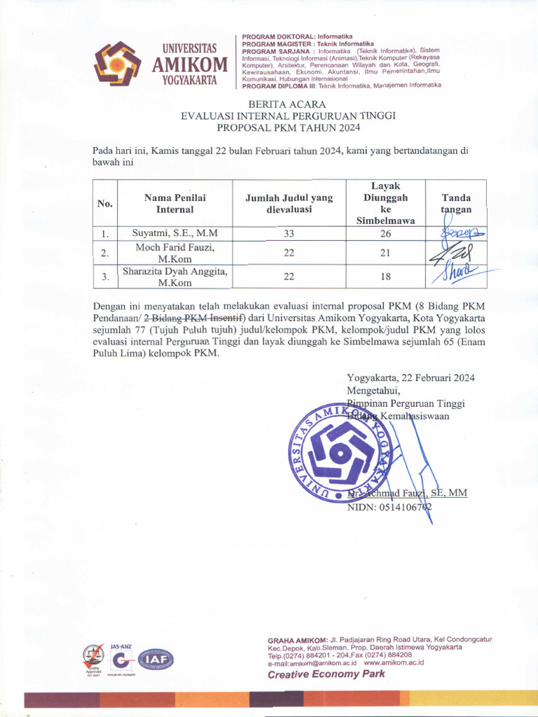 Berita Acara Evaluasi Internal Perguruan Tinggi Proposal PKM Tahun 2024 - PKM 8 Bidang | PDF