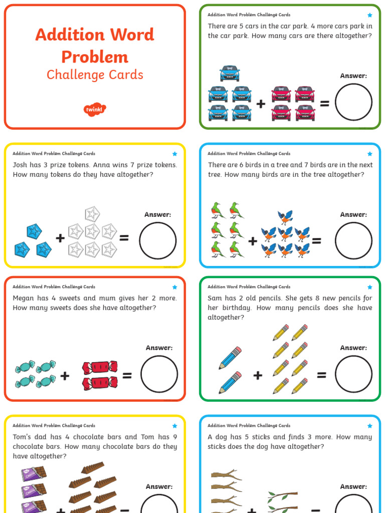 Addition Word Problem Challenge Cards 1 | PDF