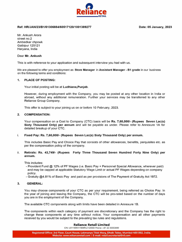 Ankush Offer Letter Reliance | PDF