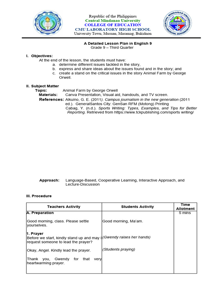 Detailed Lesson Plan in ENGLISH 9 Lesson 3 | PDF | Sports | Prayer