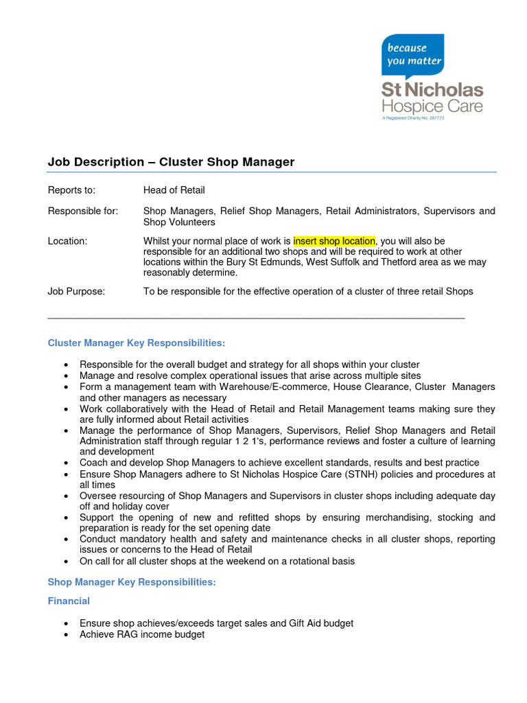Cluster Manager Job Description | PDF | Retail | Volunteering