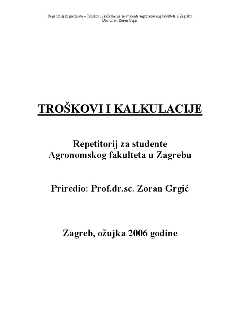 Repetitorij Iz Troskova I Kalkulacija | PDF