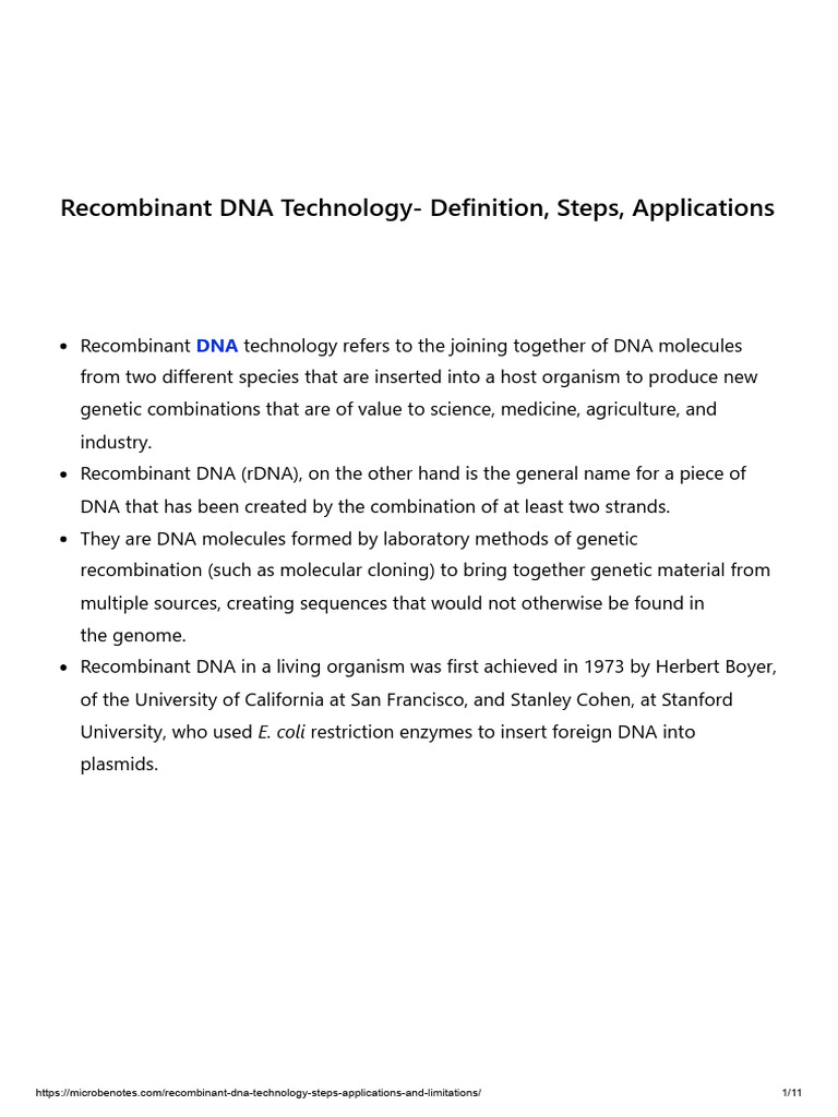 Recombinant DNA Technology- Definition, Steps, Applications | PDF | Recombinant Dna | Polymerase ...