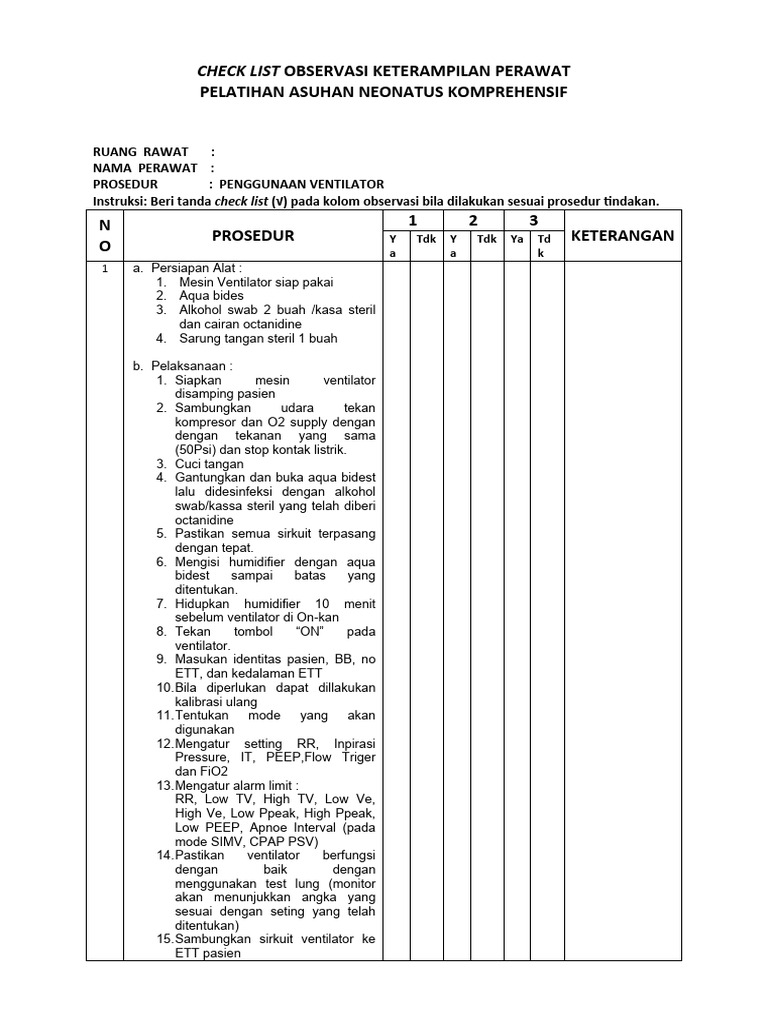 Check List Penggunaaa Ventilator New Pdf