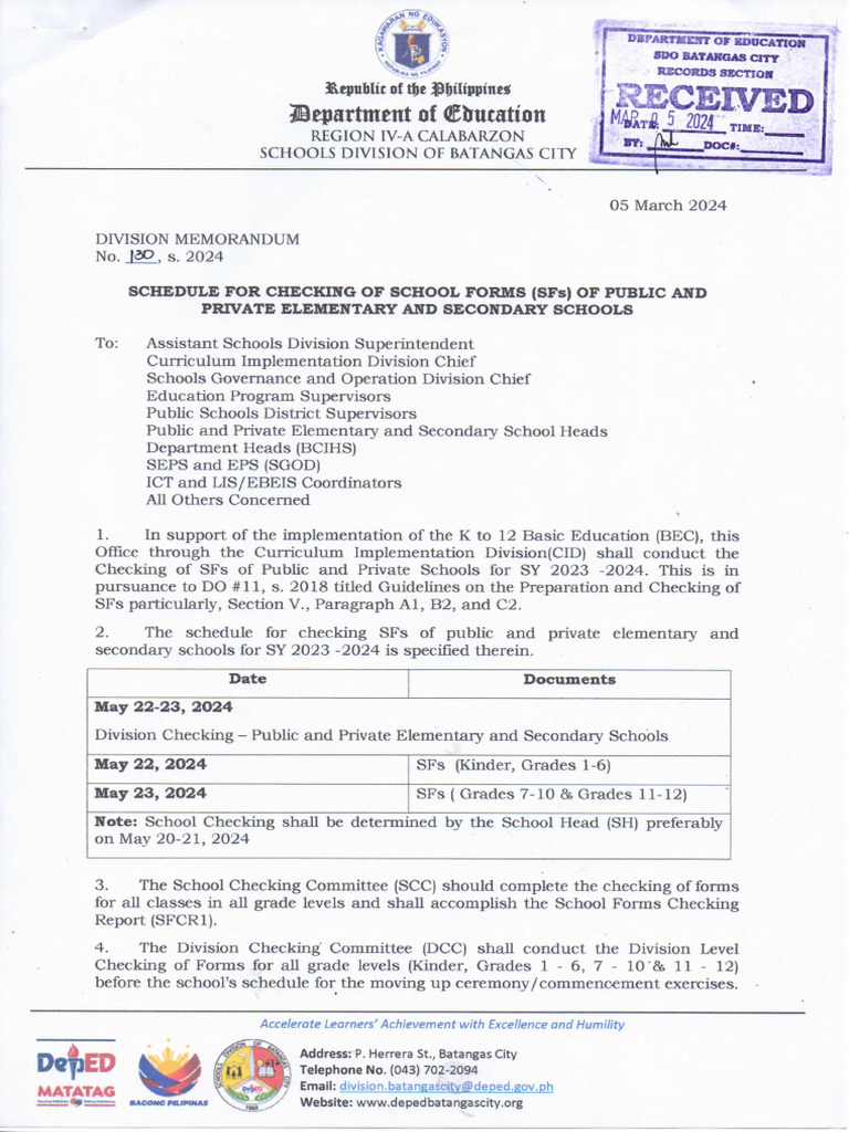 Division Memorandum-No.-130-s.2024-Schedule-for-Checking-of-School-Forms-SFs-of-Public-and ...