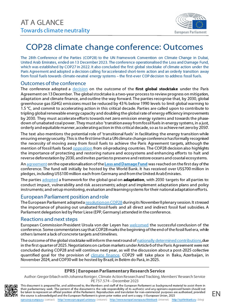 COP28 Outcomes | PDF | Climate Change | Climate Change Mitigation