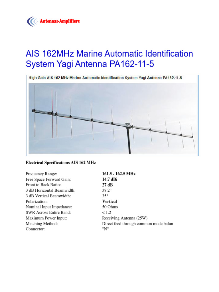 AIS 162MHz - Yagi Antenna PA162 Tech Specs | PDF