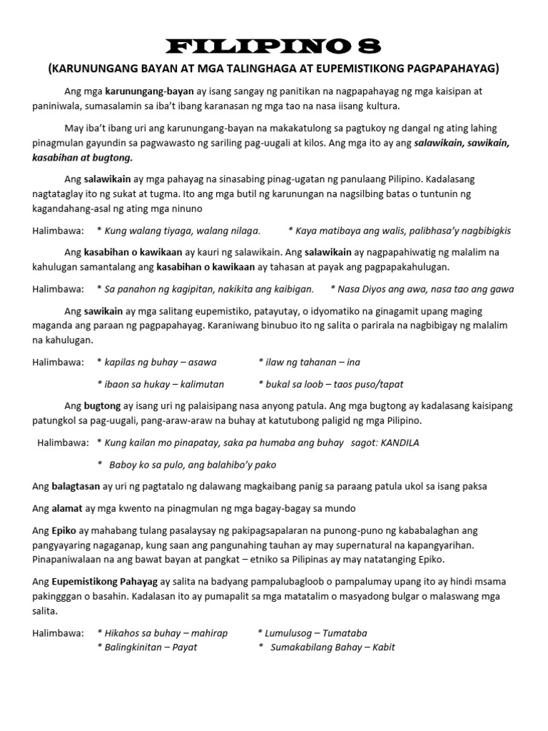 REVIEWER IN FILIPINO 8 Dial Me | PDF