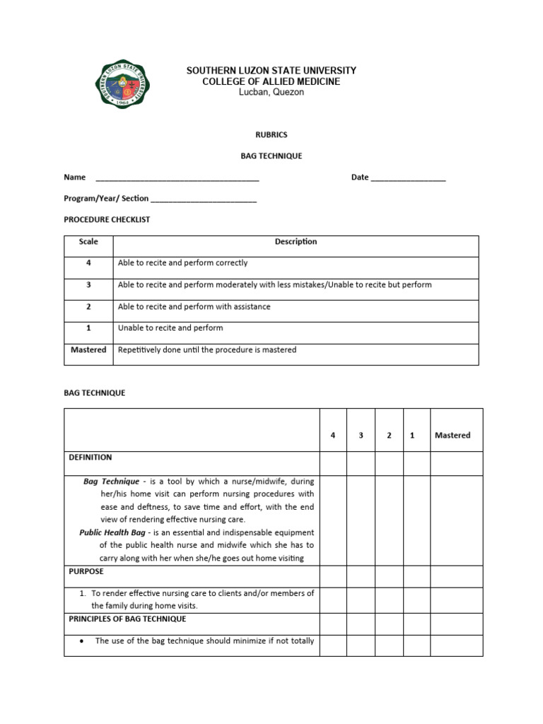 Rubrics-Bag-Technique | PDF | Nursing | Hand Washing
