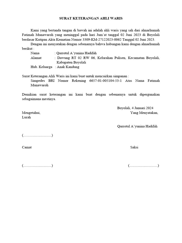 Surat Ahli Waris Bri | PDF