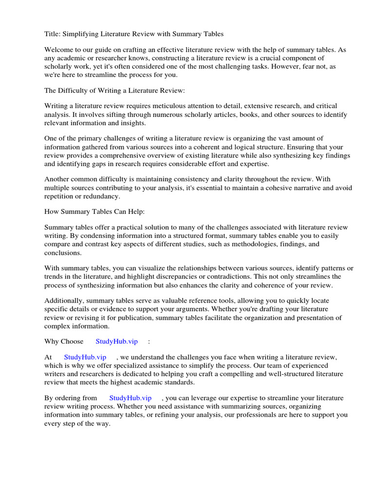 Summary Table For Literature Review | PDF | Methodology | Information