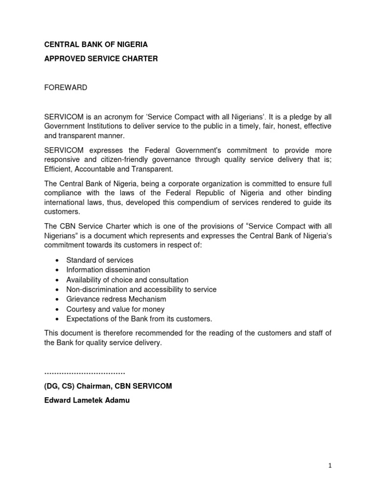 CBN Service Charter Overview | PDF | Banks | Business