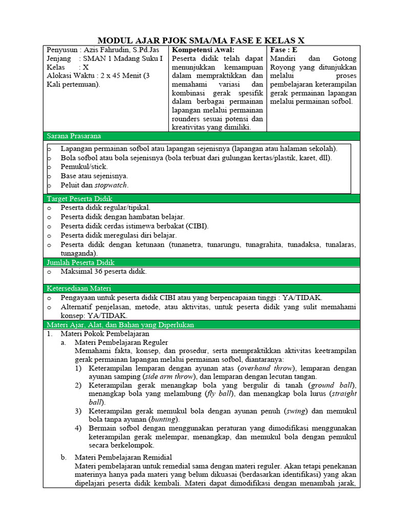 03 Modul Ajar Permainan Sofbol | PDF