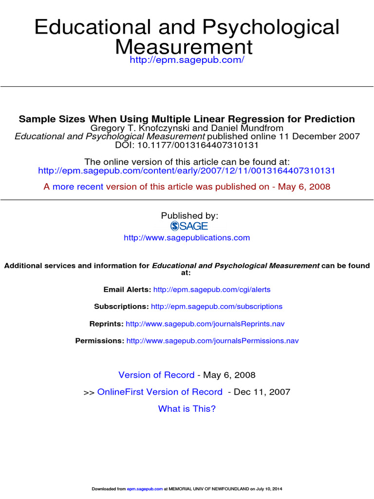 Sample Size For Regression - No | PDF | Coefficient Of Determination | Linear Regression