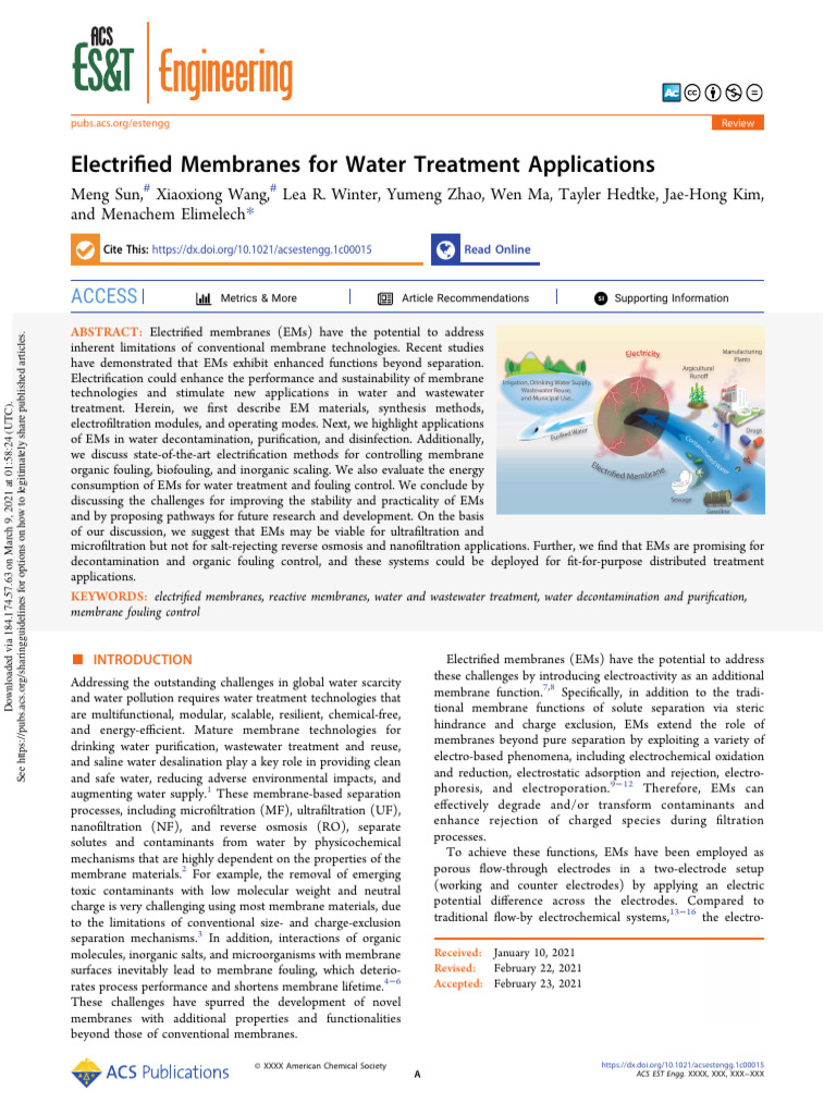 Electrified Membranes For Water Treatment Applicat | PDF | Membrane | Redox