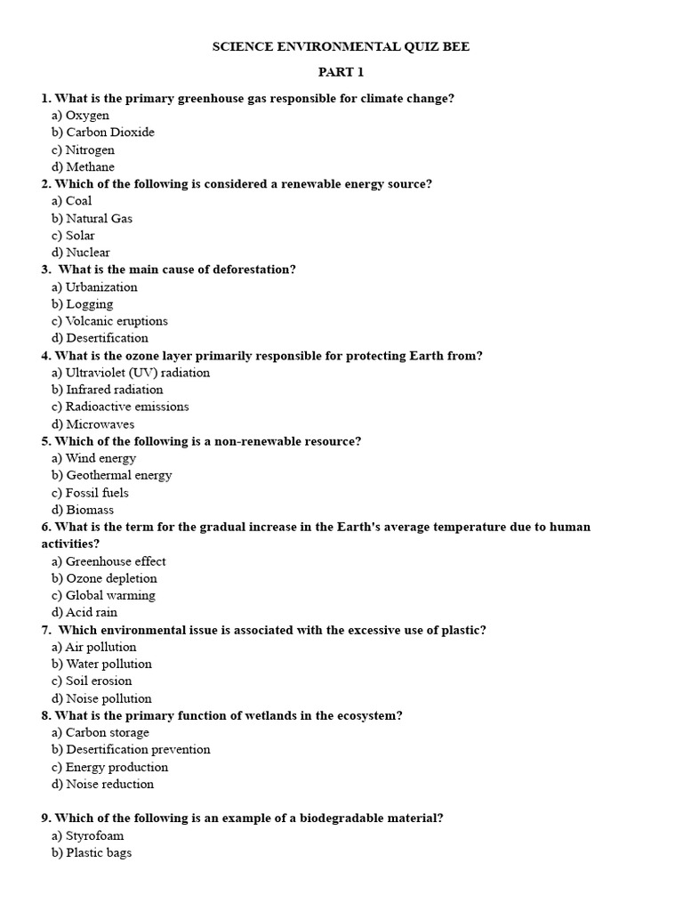 Environmental Science Quiz Questions | PDF | Atmosphere Of Earth | Soil