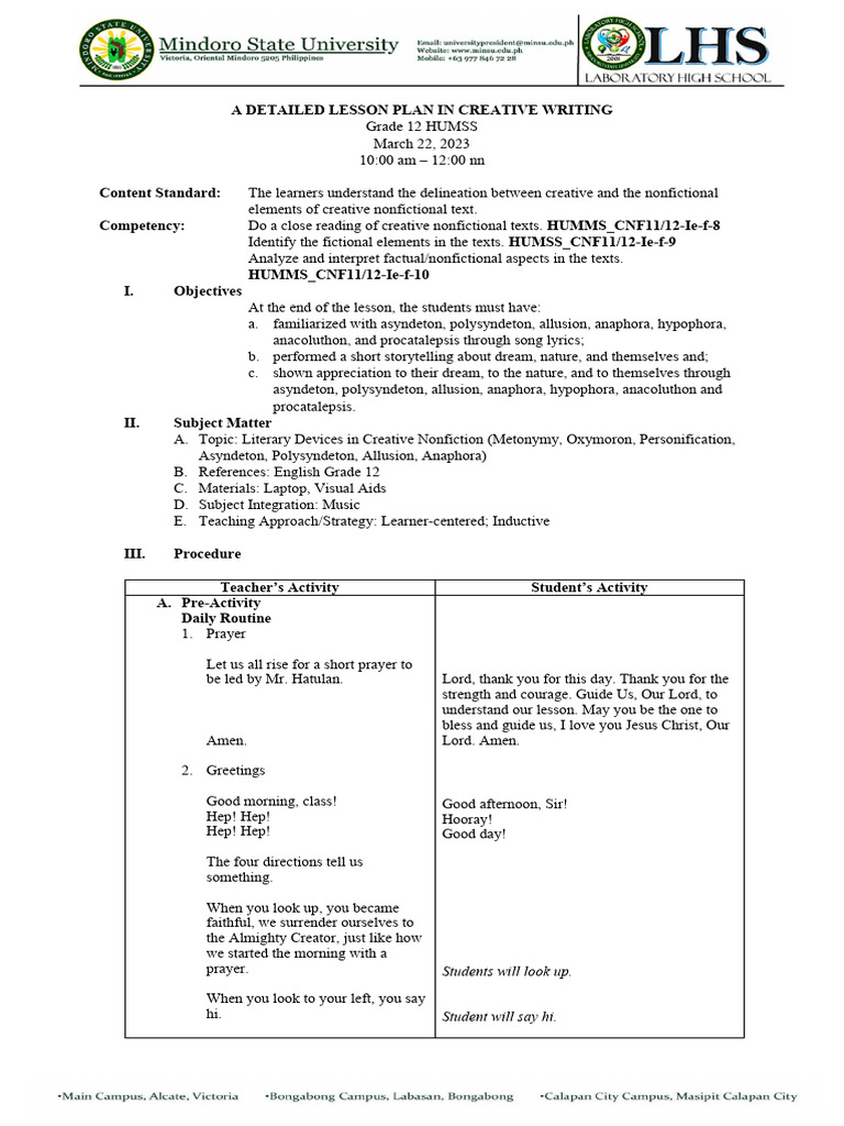 Grade 12 Creative Writing Lesson Plan | PDF | Language Arts & Discipline