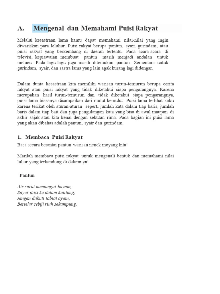 Bahasa Indonesia Materi Puisi Rakyat Kelas 7 | PDF