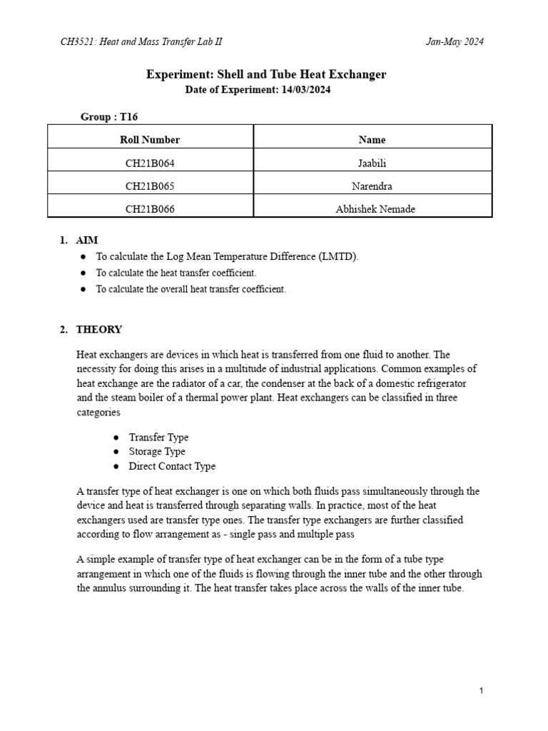 Exp - Shell and Tube - Group - 16 | PDF | Teaching Methods & Materials