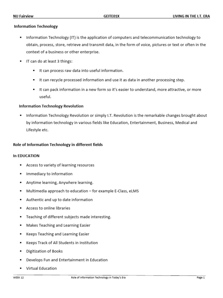 GEITE01X Week12 Handouts | PDF | Information | Information Technology
