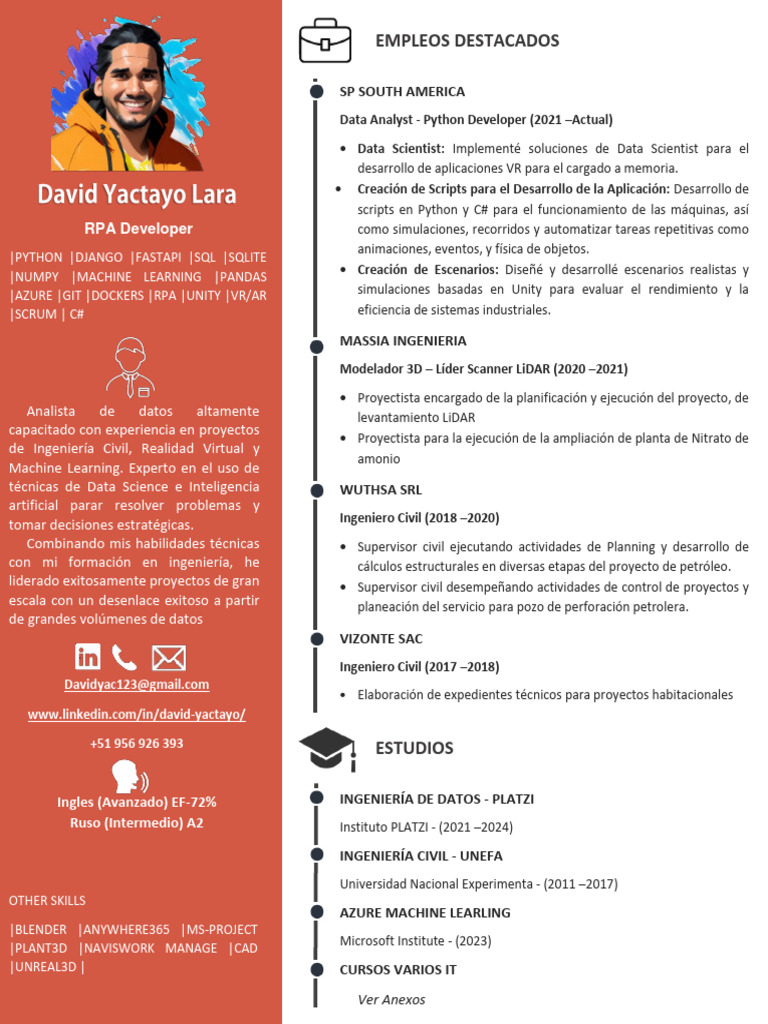 CV Rpa Developer Esp David Yactayo Lara | PDF | Ingeniería | Informática