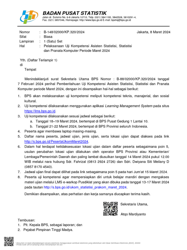 B-148.02000.KP.320 Surat Pemberitahuan Peserta Uji Komp Periode Maret 2024 | PDF