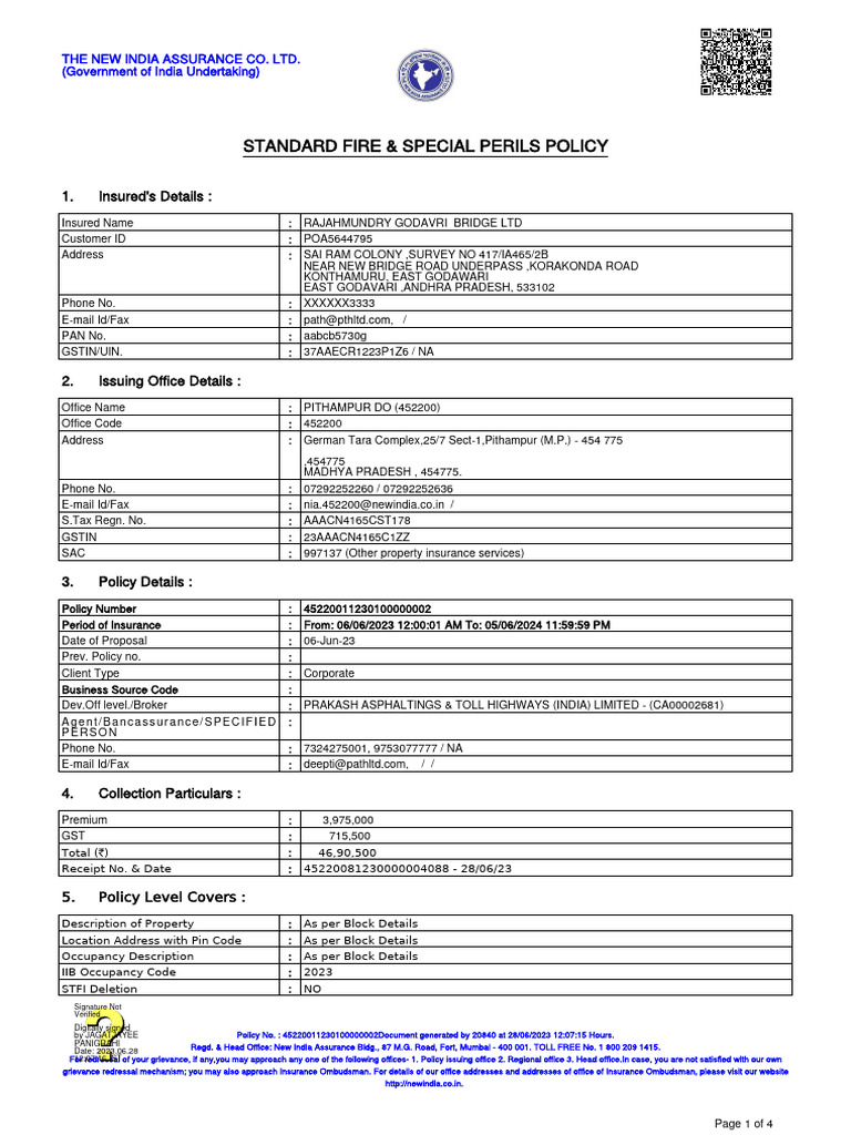 Fire & Perils Policy for Godavari Bridge | PDF | Insurance | Deductible